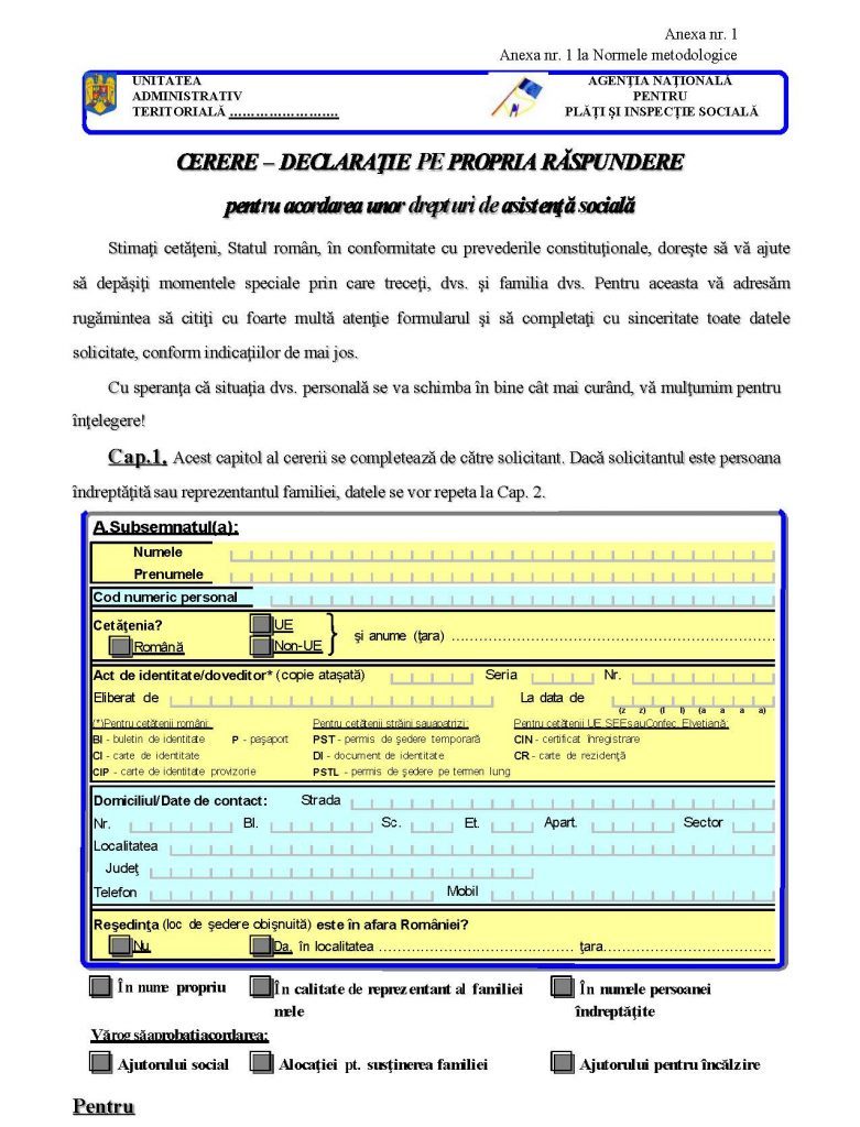 Cerere - Declarație pe propria răspundere pentru acordarea unor ...