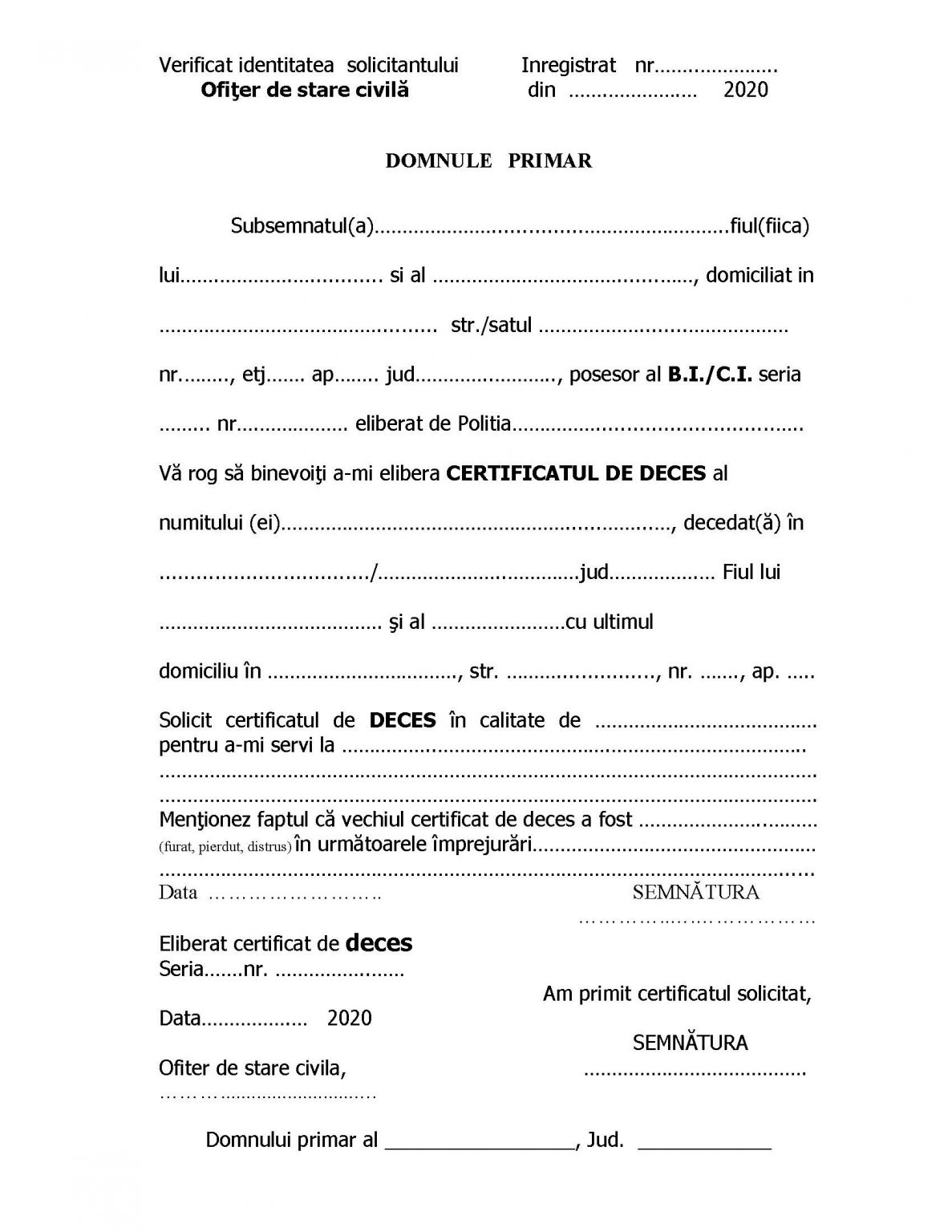 Cerere eliberare certificat de deces - Satchinez