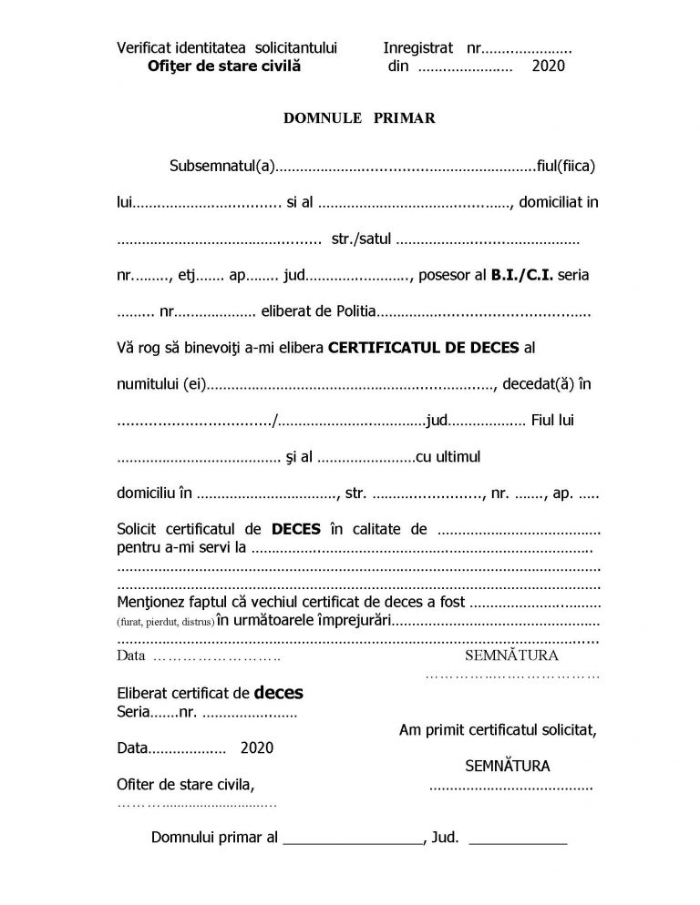 Cerere eliberare certificat de deces – Satchinez