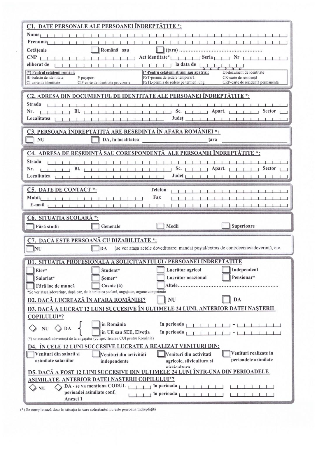 Cerere pentru acordarea indemnizației de creștere a copilului / stimulentului de inserție ...