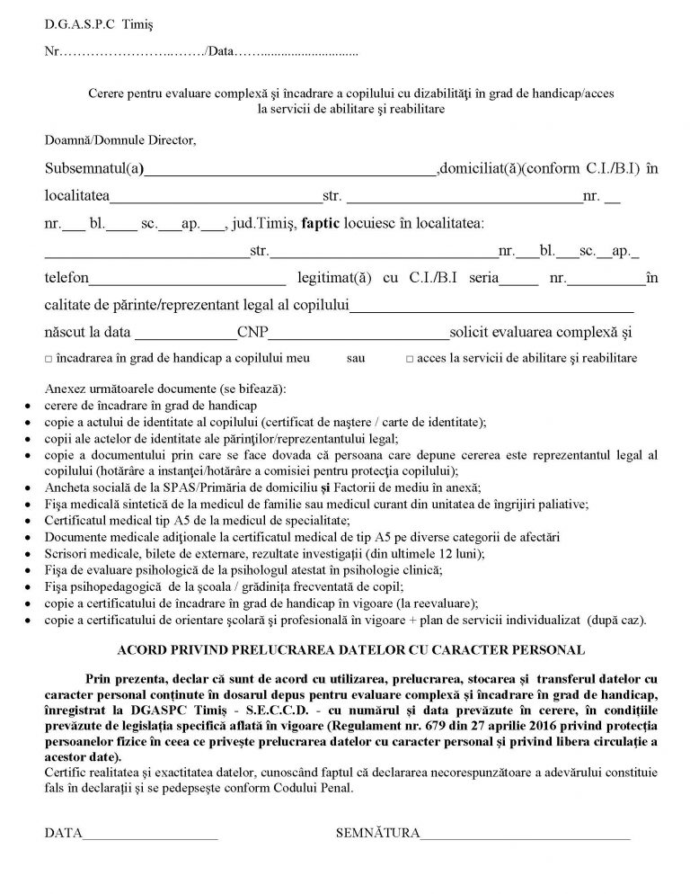 Cerere pentru evaluare complexă şi încadrare a copilului cu ...