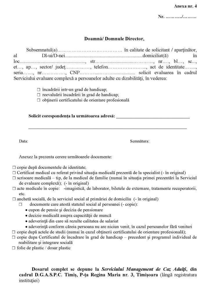 Cerere tip de evaluare complexă modificată - Anexa 4 - Satchinez