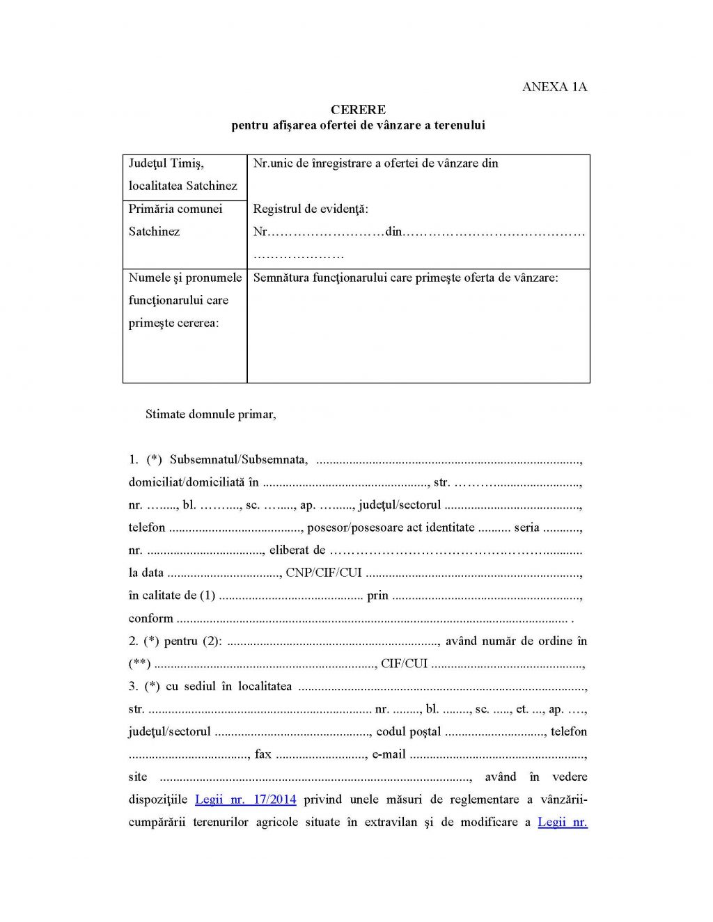 Cerere pentru afişarea ofertei de vânzare a terenului persoane juridice ...