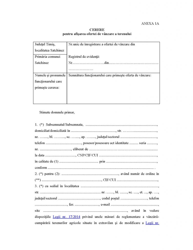 Cerere pentru afişarea ofertei de vânzare a terenului persoane juridice ...