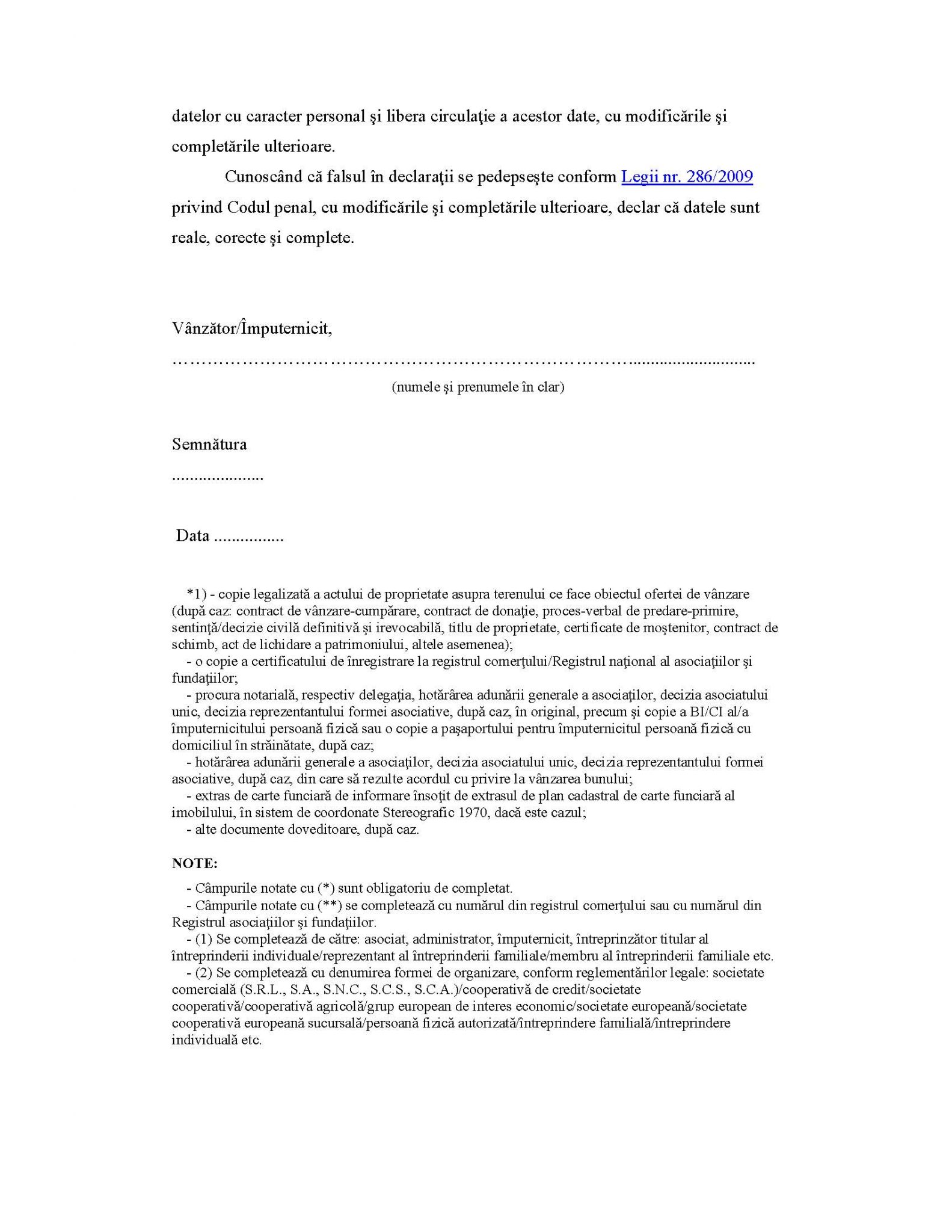 Cerere pentru afişarea ofertei de vânzare a terenului persoane juridice ...