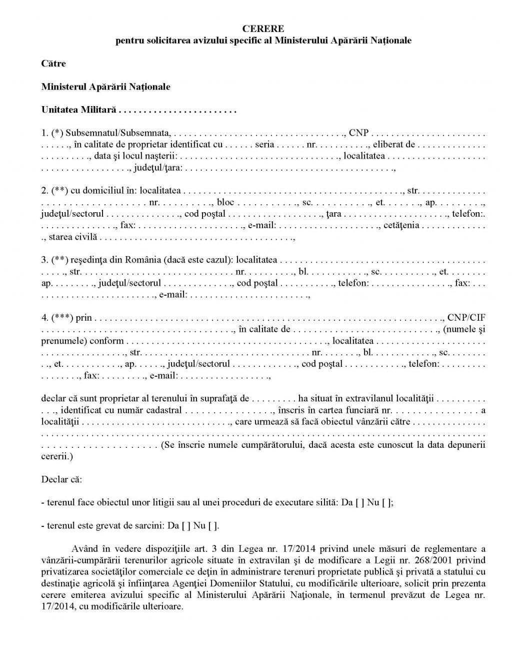 Cerere pentru solicitarea avizului specific al Ministerului Apărării Naţionale – Satchinez