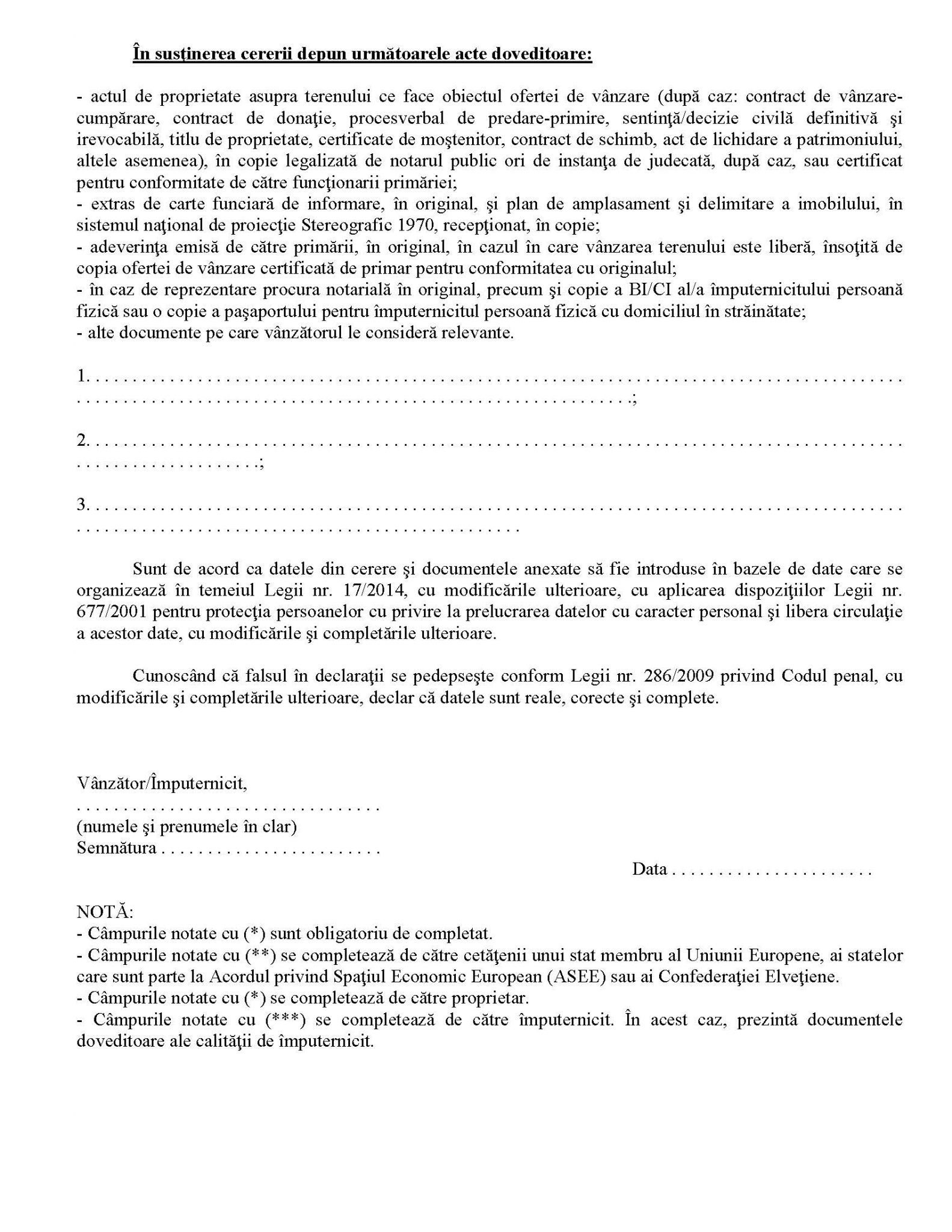 Cerere pentru solicitarea avizului specific al Ministerului Apărării Naţionale – Satchinez