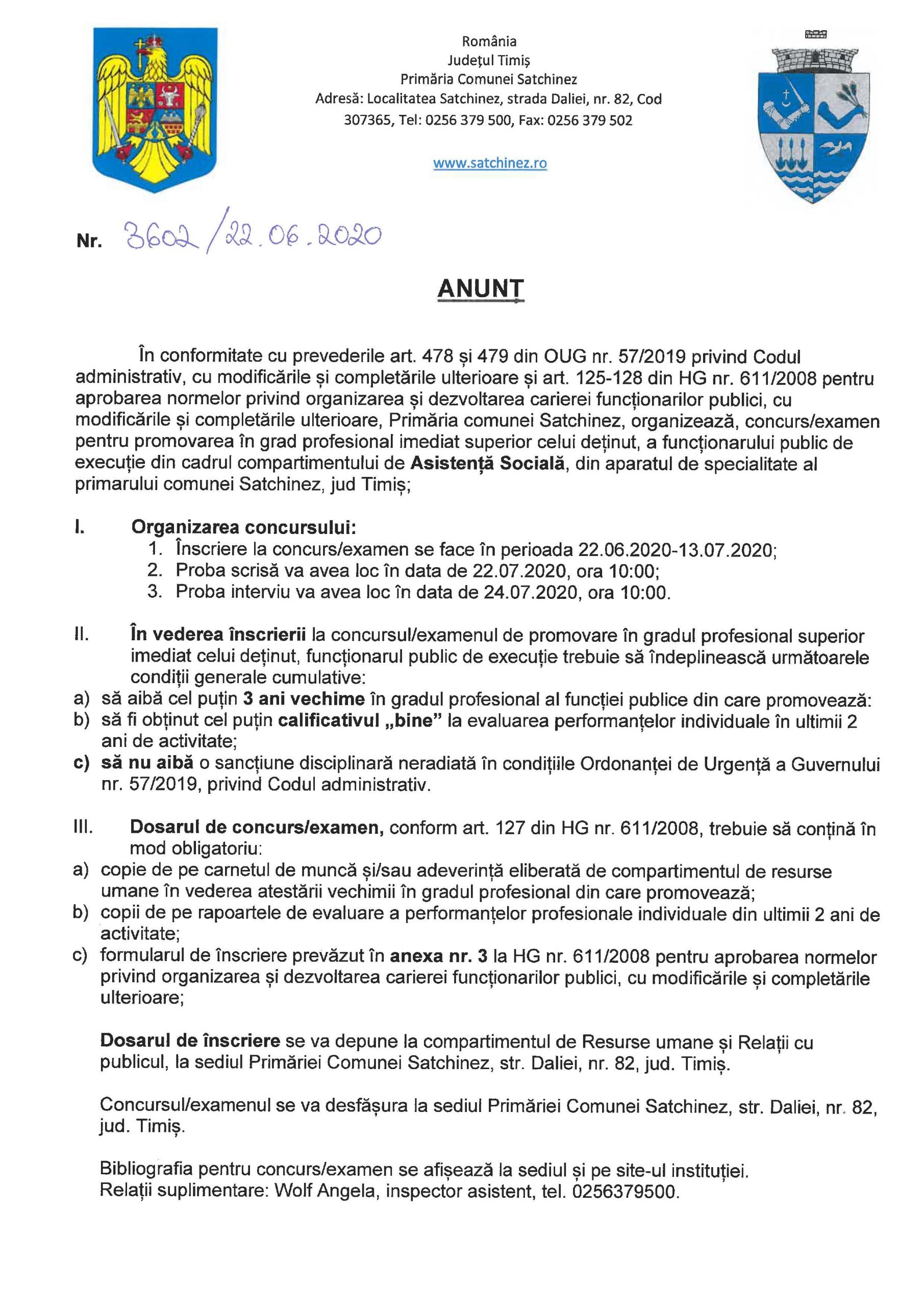 Anunț Concurs/Examen pentru promovarea în grad profesional superior ...