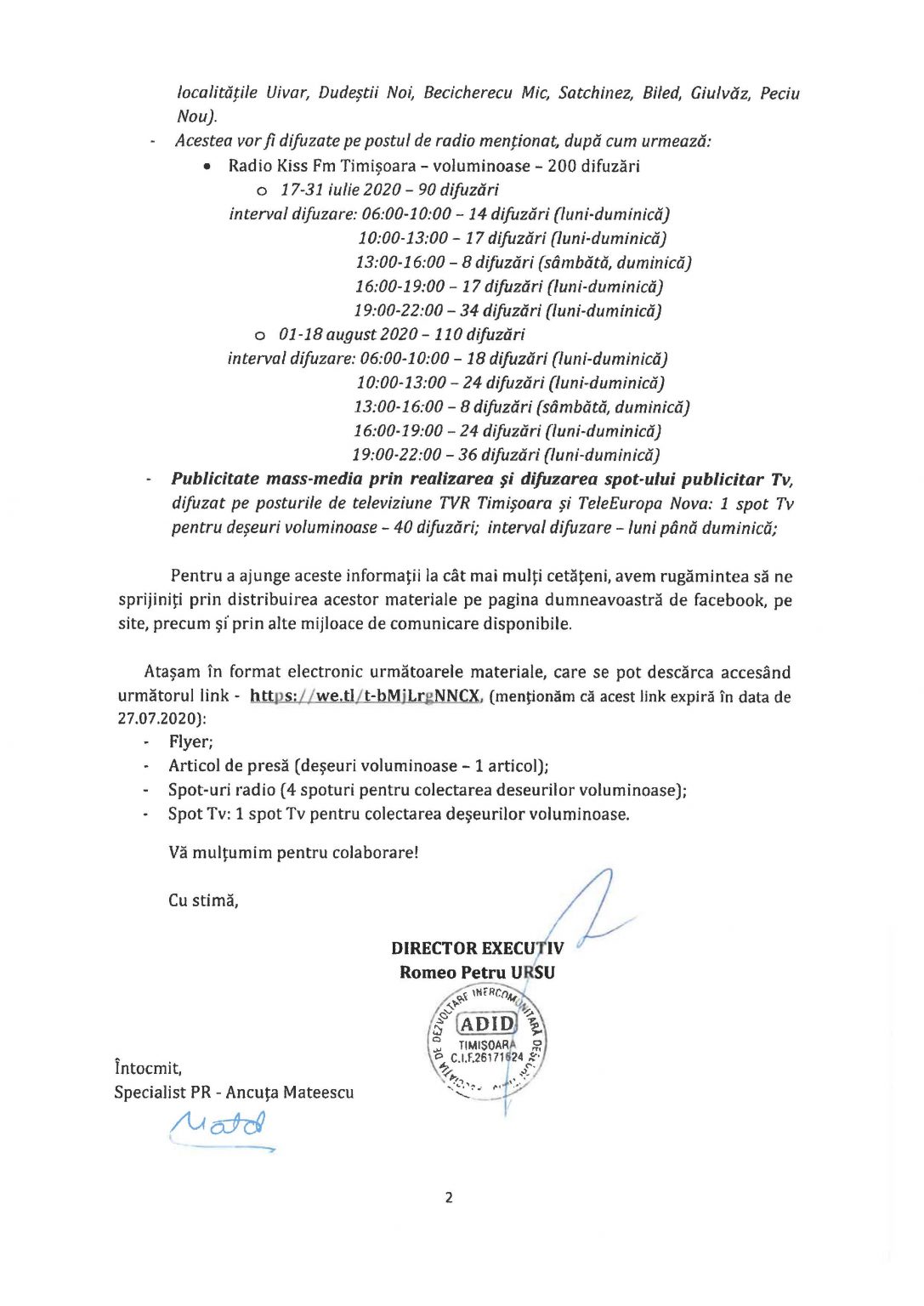 Informare campanie A.D.I.D. Timiș – Satchinez