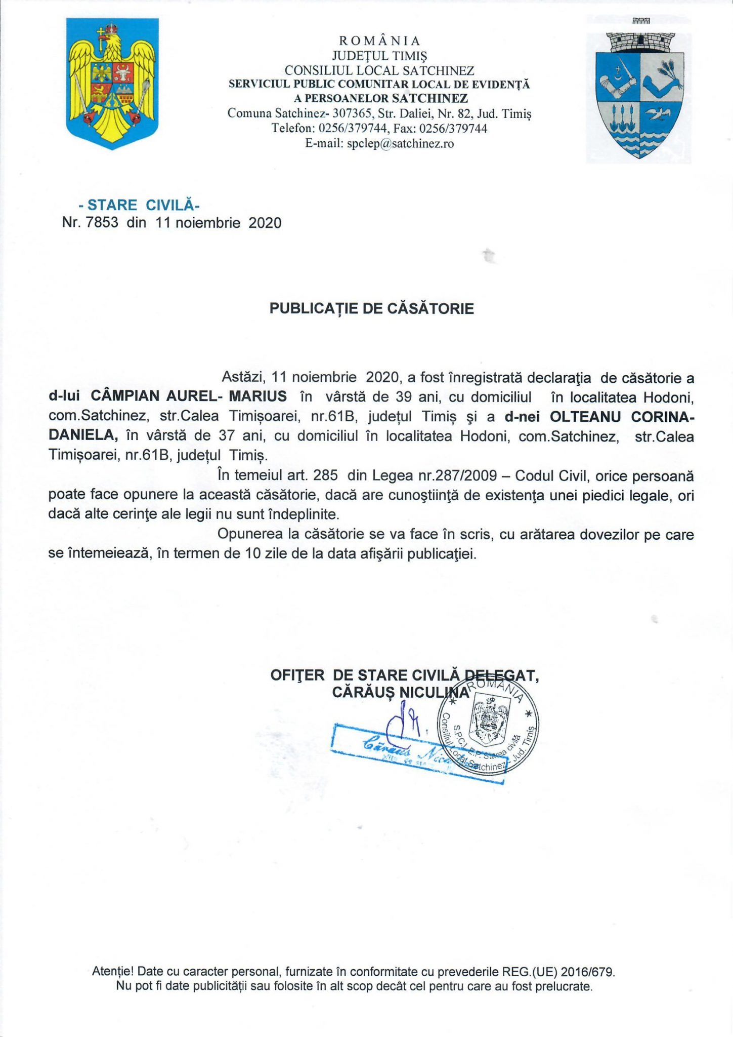 Publicație de căsătorie Câmpianu Aurel-Marius cu Olteanu Corina-Daniela ...