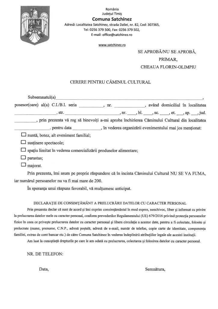 Cerere închiriere cămin - Satchinez