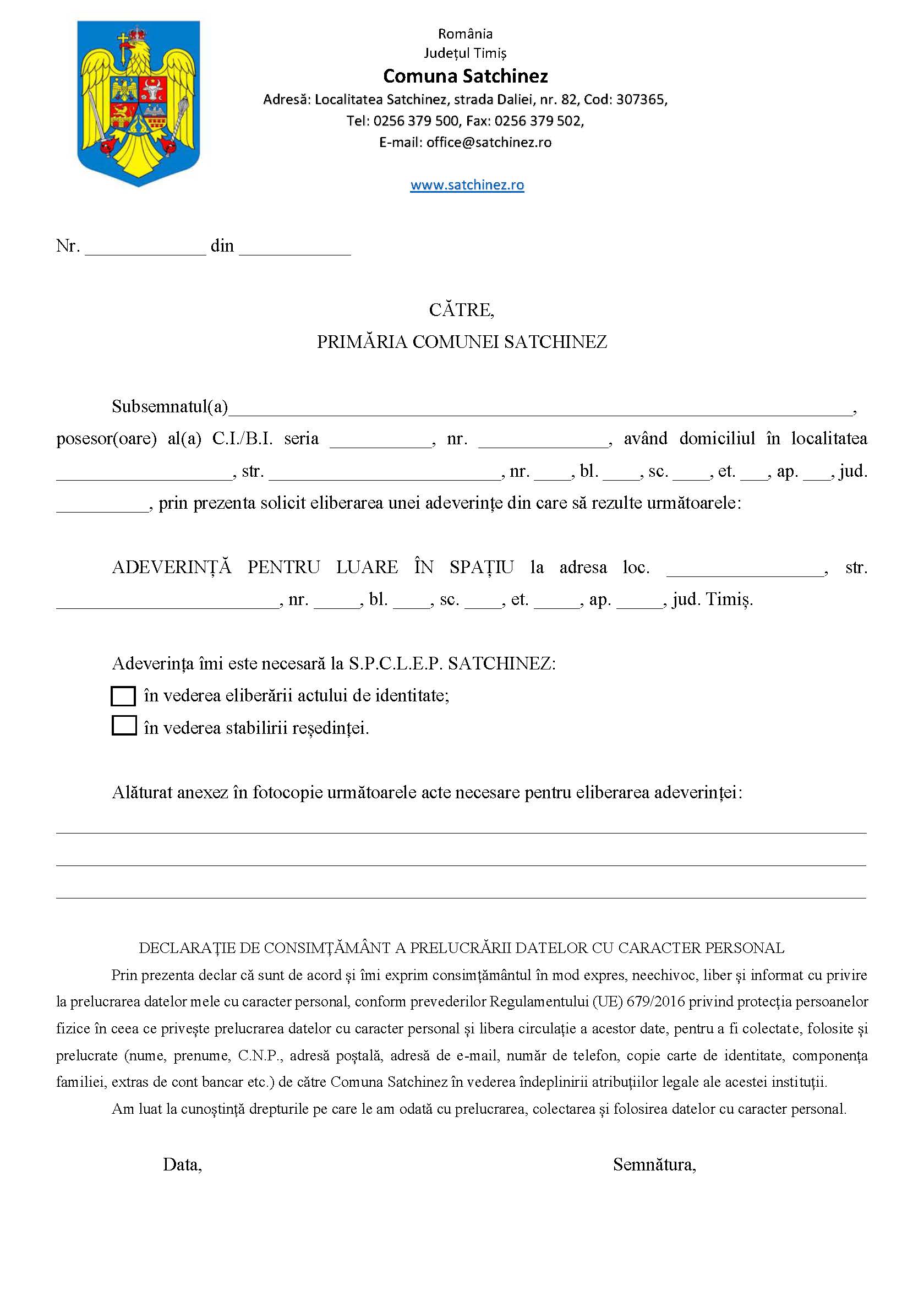 Cerere adeverință luare în spațiu – Satchinez