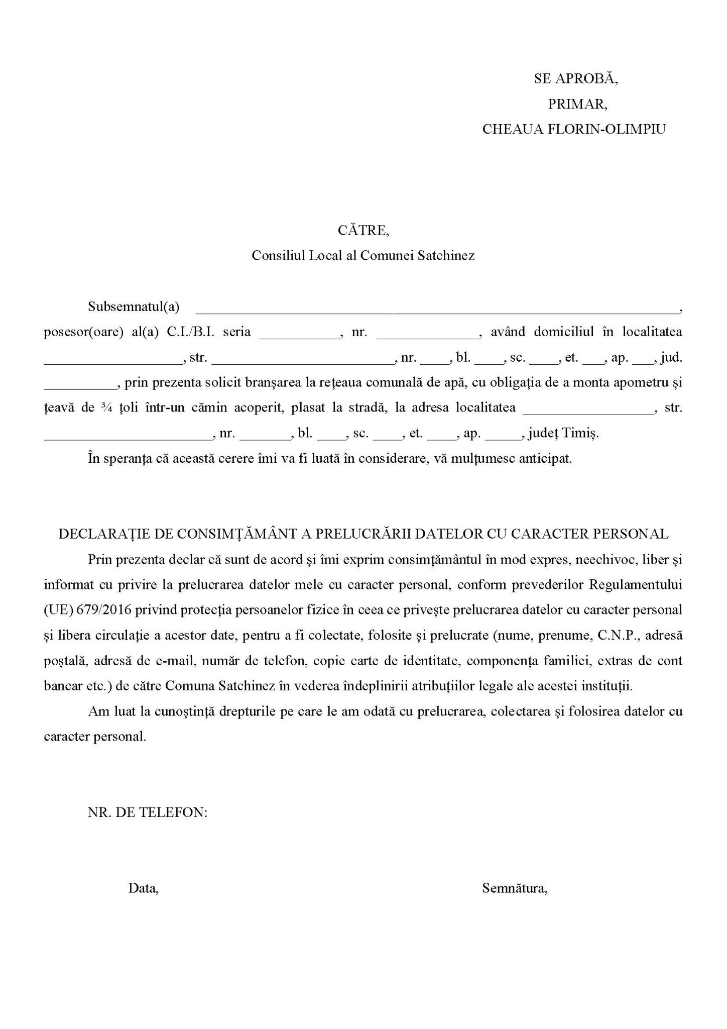 Cerere branșare apă – Satchinez