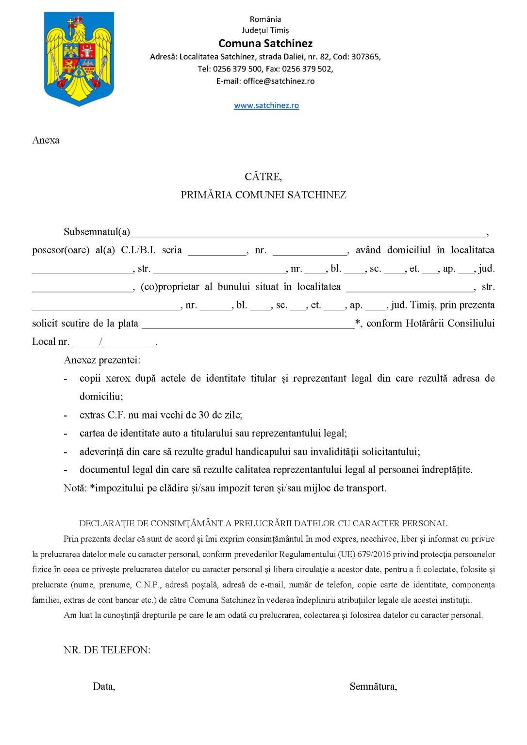 Cerere scutire impozit – Satchinez