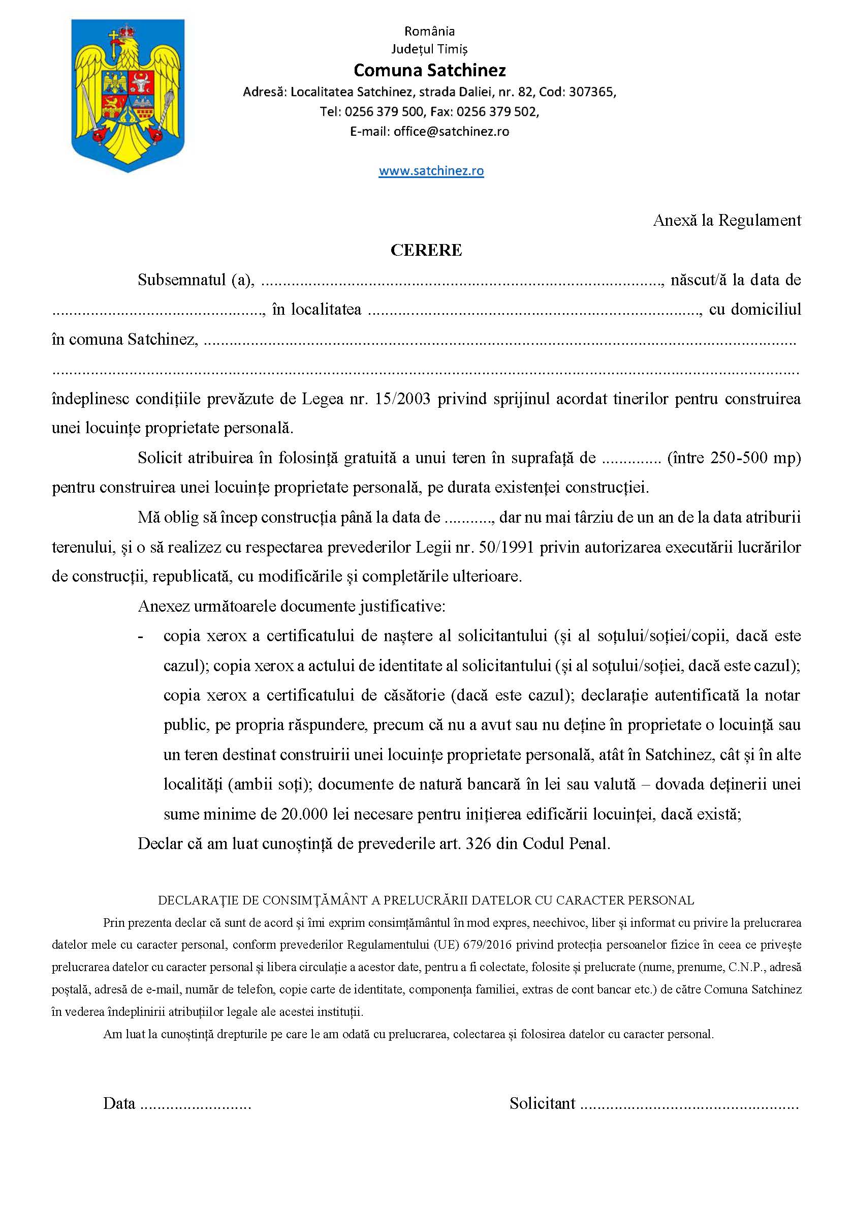 Cerere teren în conformitate cu Legea 15 din 2003 – Satchinez