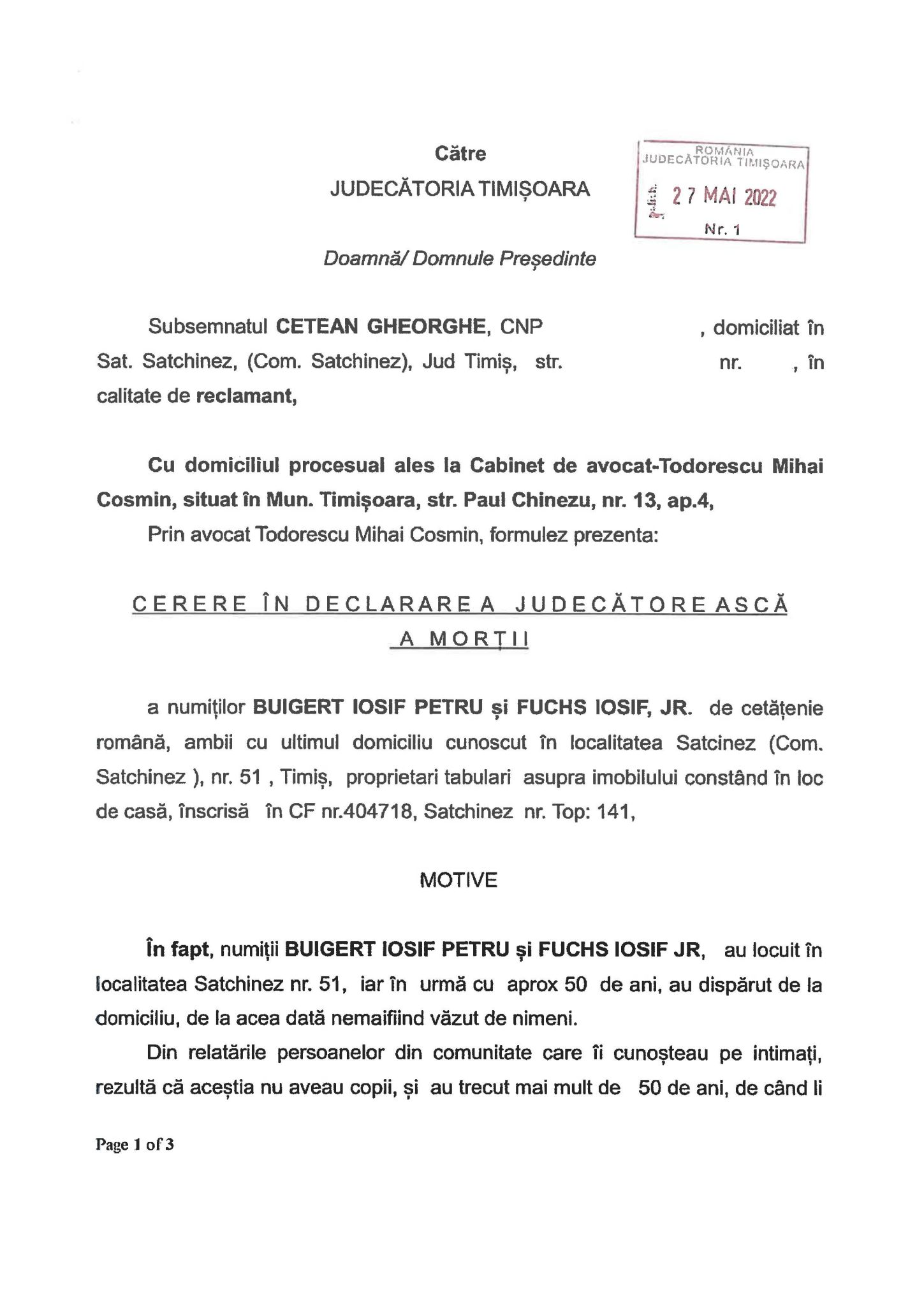 Cerere chemare în judecată - Satchinez