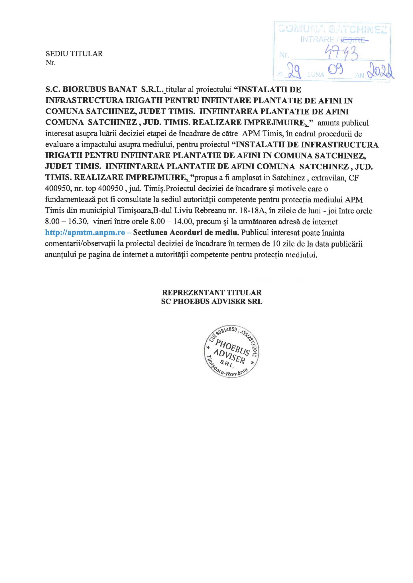 Anunț public S.C. BIORUBUS BANAT S.R.L. – Instalații de infrastructură ...