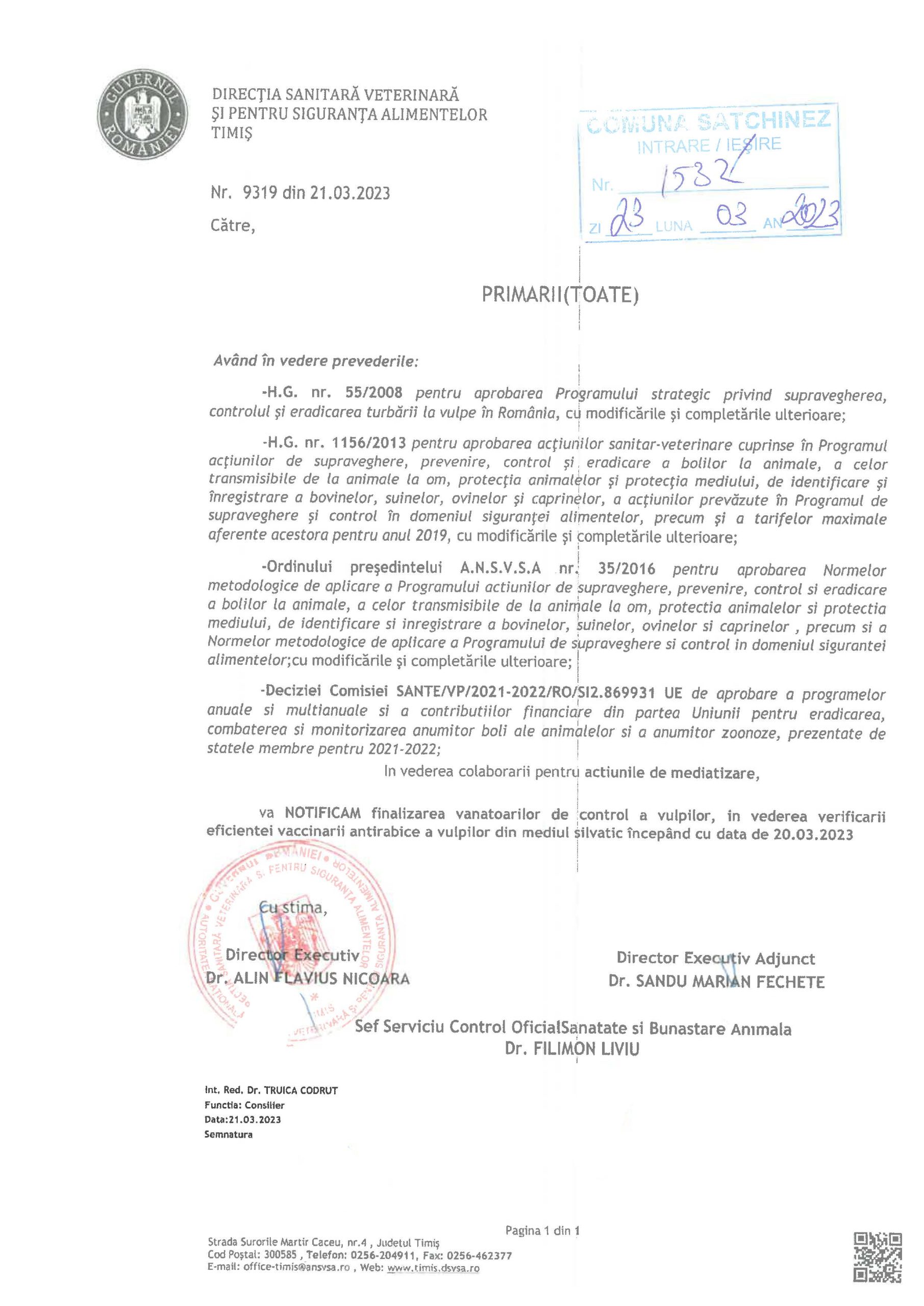 Notificare finalizare vânătoare control vulpi începând cu 20 martie ...