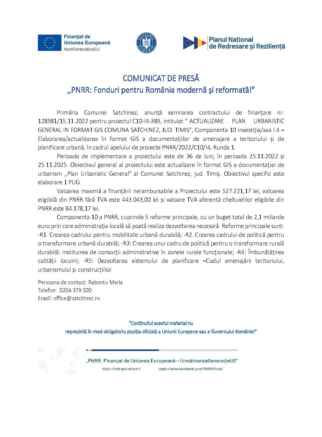 Comunicat privind semnarea contractului de finanțare PNRR pentru ...