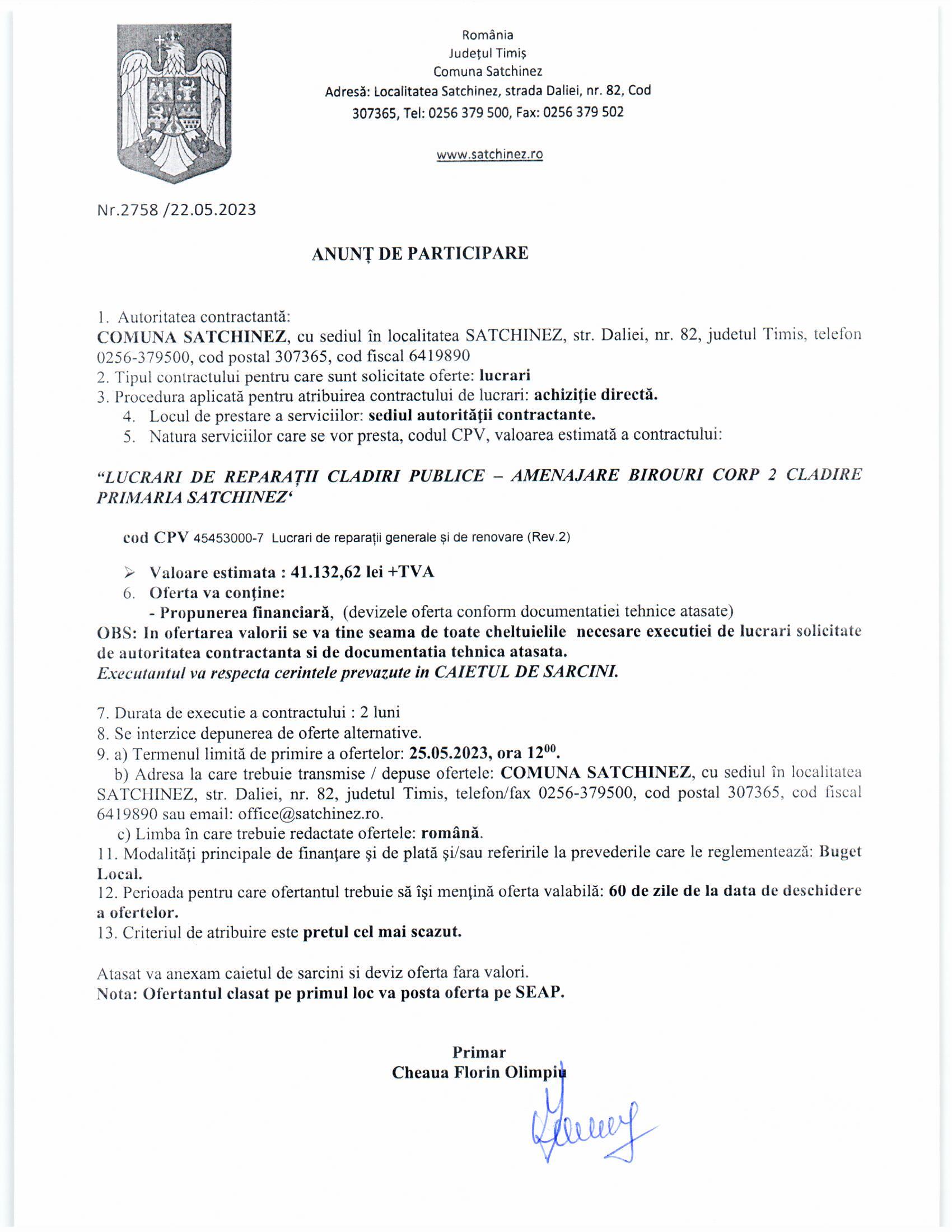 Anunt de participare: Lucrari de reparatii cladiri publice – Amenajare ...