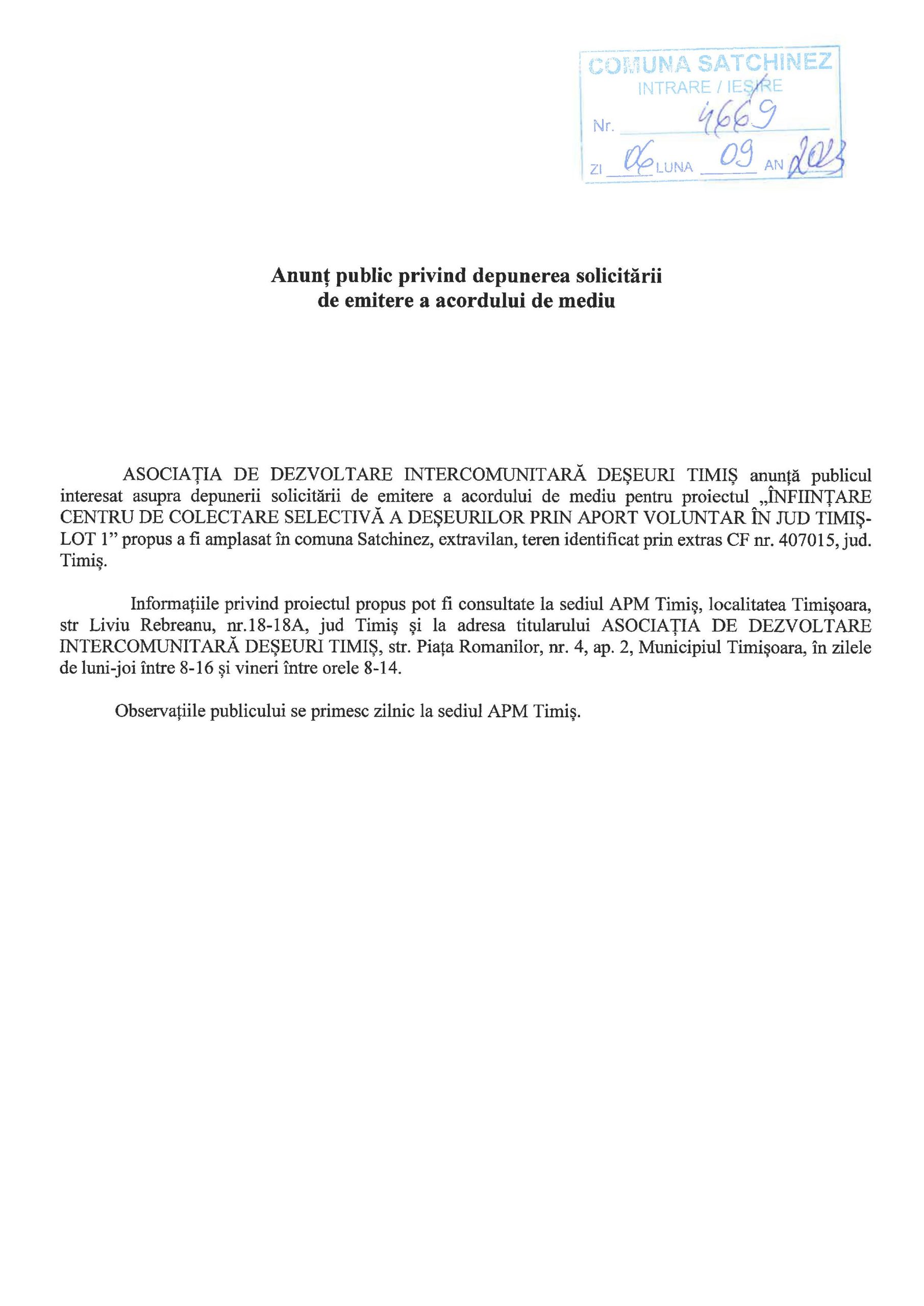 Anunț public ADID – solicitare acord mediu „Înființare centru de colectare selectivă a ...