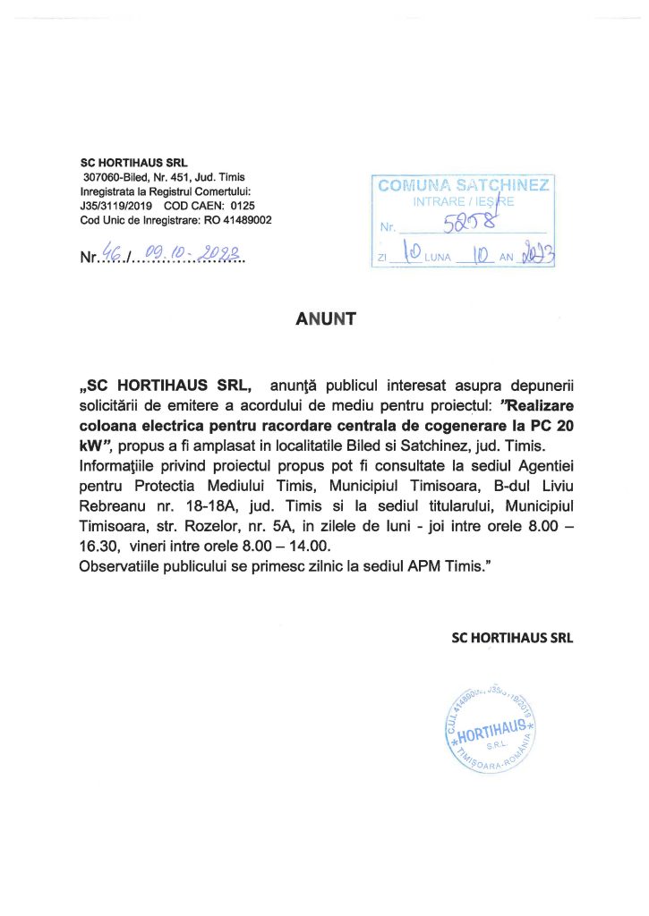 Anunț public SC HORTIHAUS SRL - depunere solicitare emitere acord mediu ...