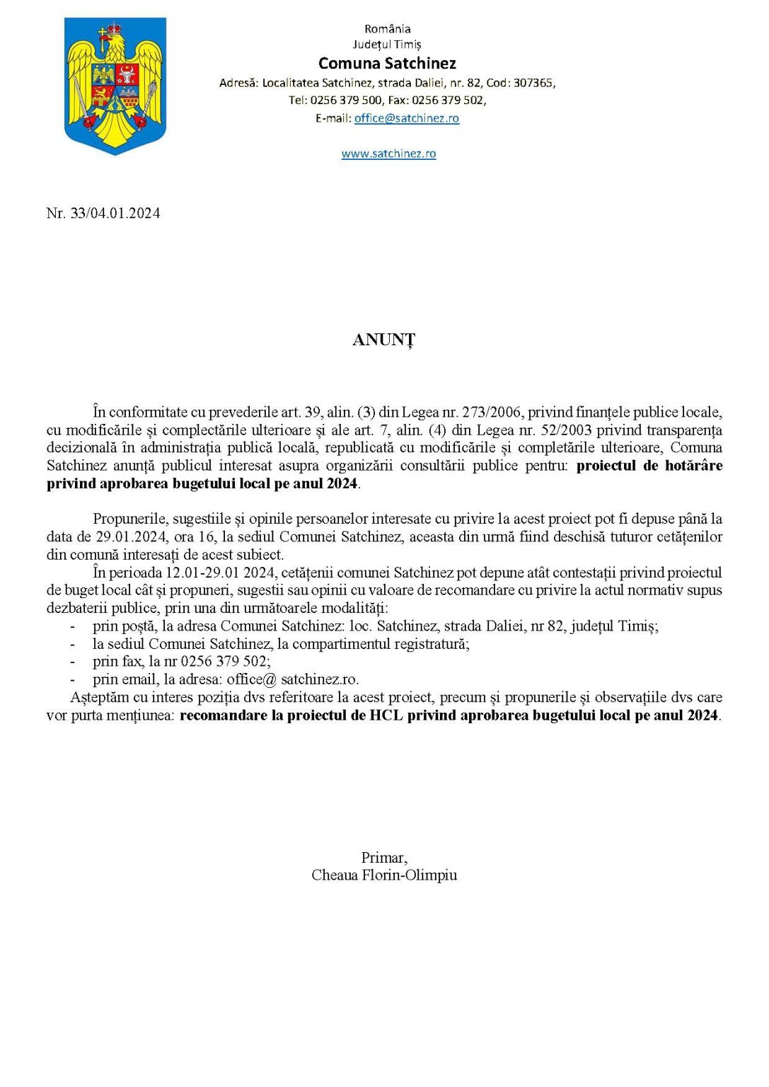 Proiect de buget pentru anul 2024 (pentru consultare) – Satchinez