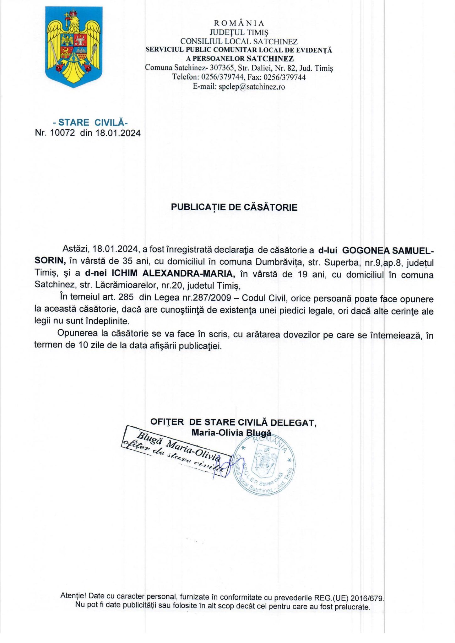 Publicație de căsătorie Gogonea Samuel-Sorin cu Ichim Alexandra-Maria ...