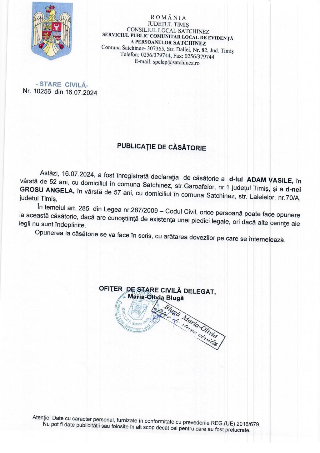 Publicație de căsătorie Adam Vasile cu Grosu Angela - Satchinez