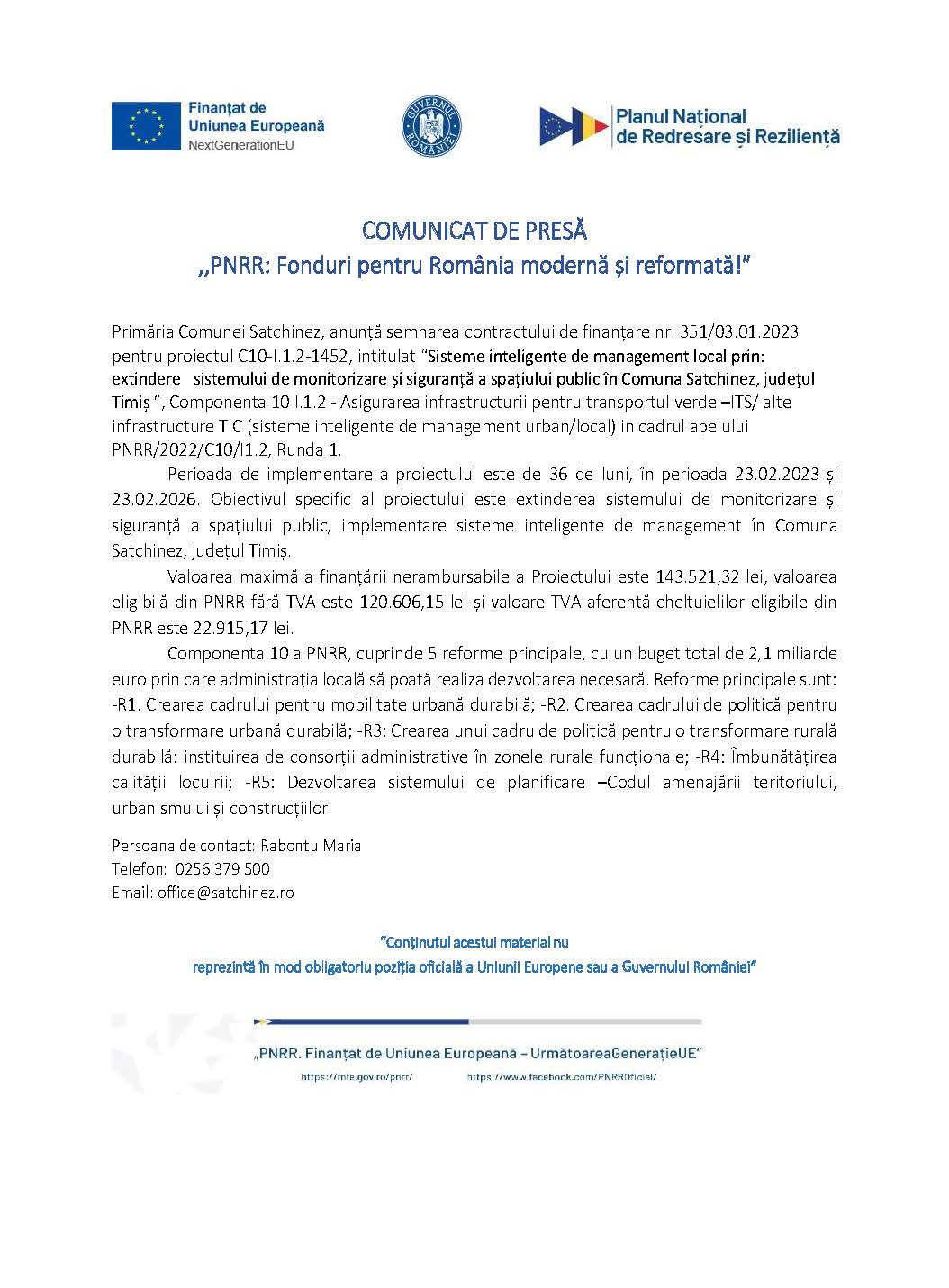 Comunicatul de presă – Componenta 10 I.1.2 – Asigurarea infrastructurii pentru transportul verde ...