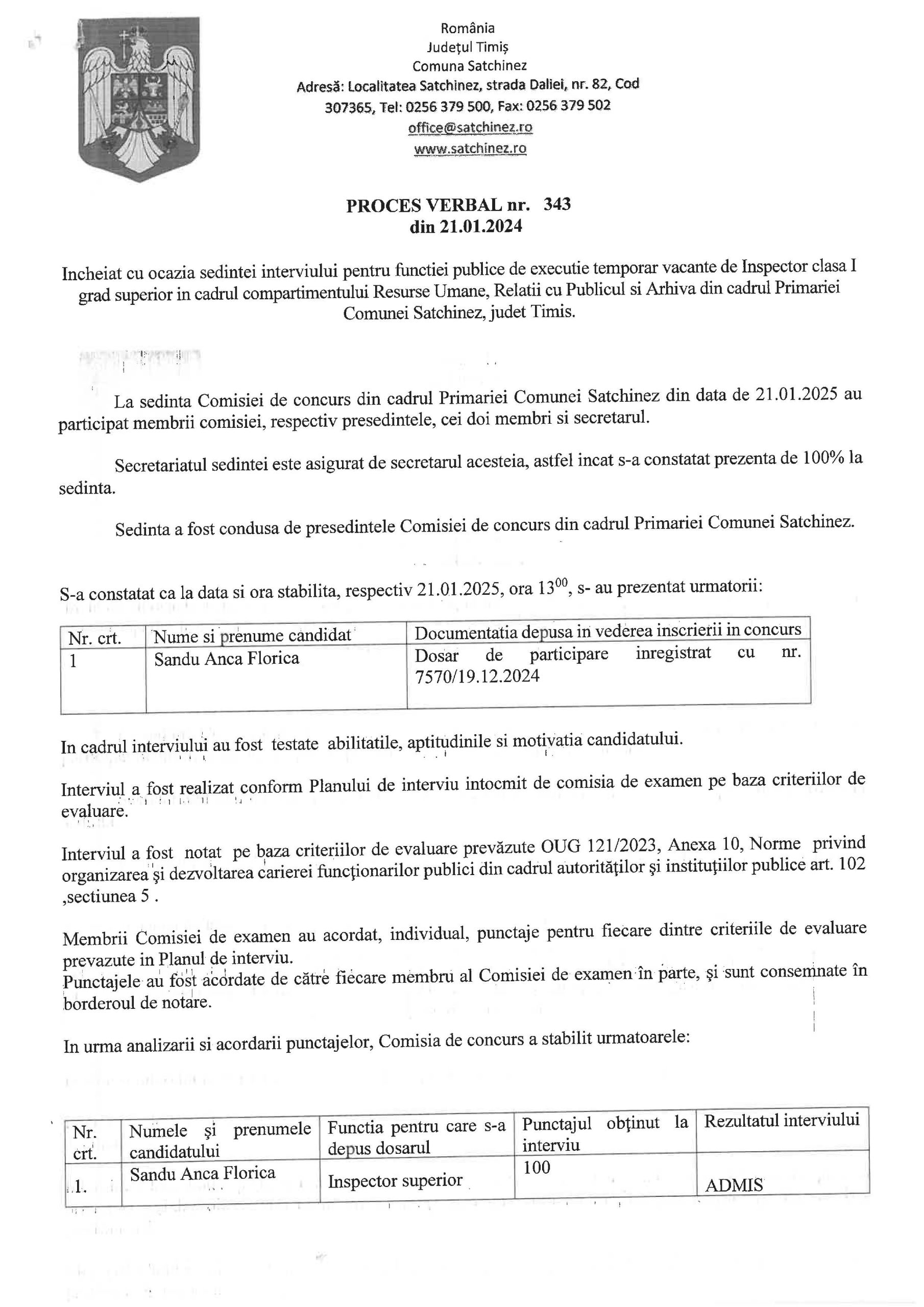 Concurs resurse umane - Proces Verbal interviu - Satchinez