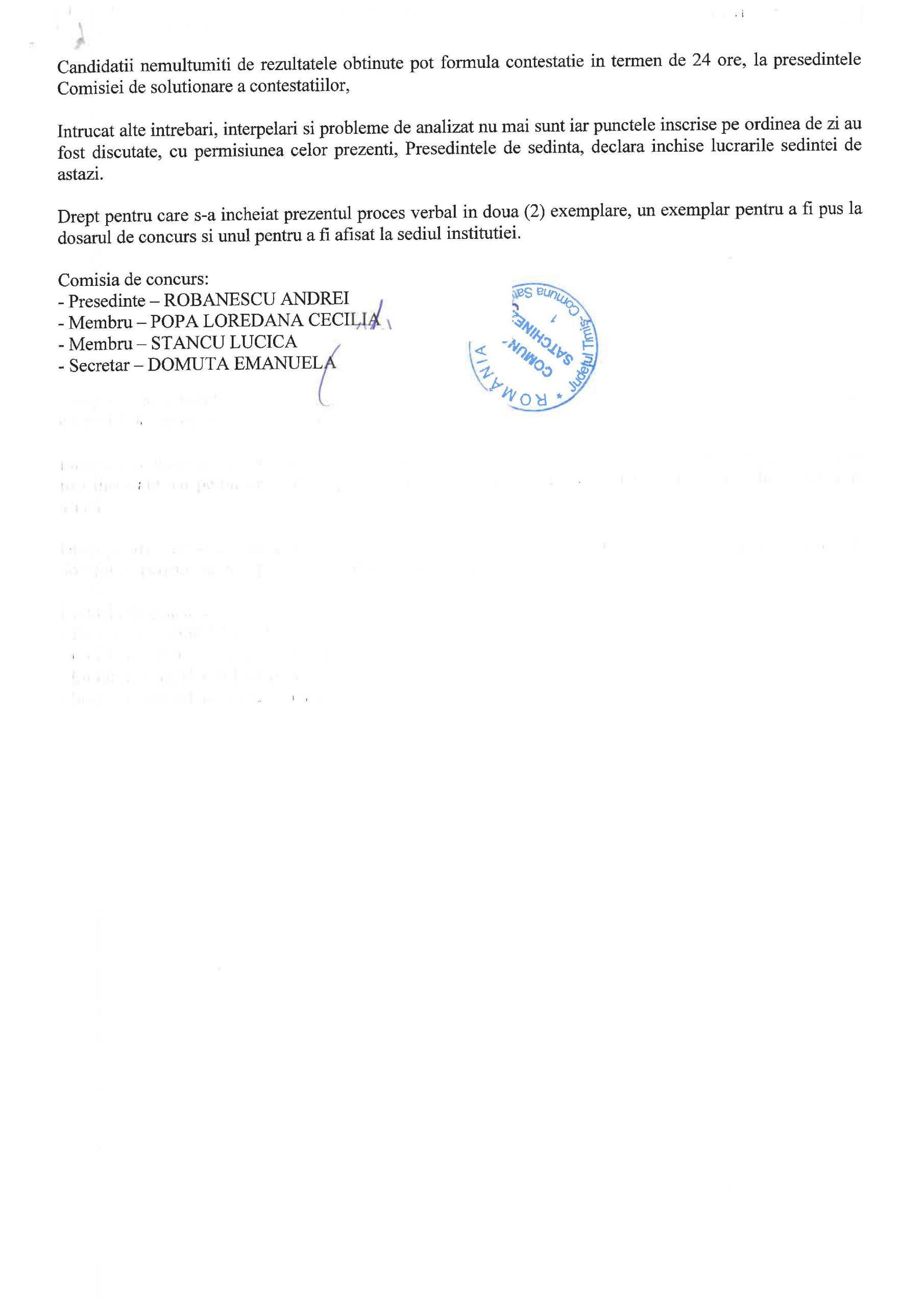 Concurs resurse umane - Proces Verbal interviu - Satchinez
