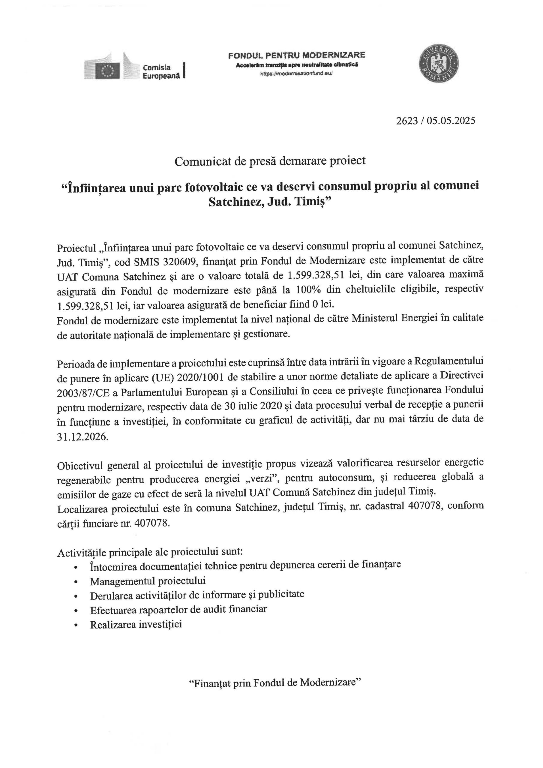 Comunicat de presă „Înființarea unui parc fotovoltaic ce va deservi ...