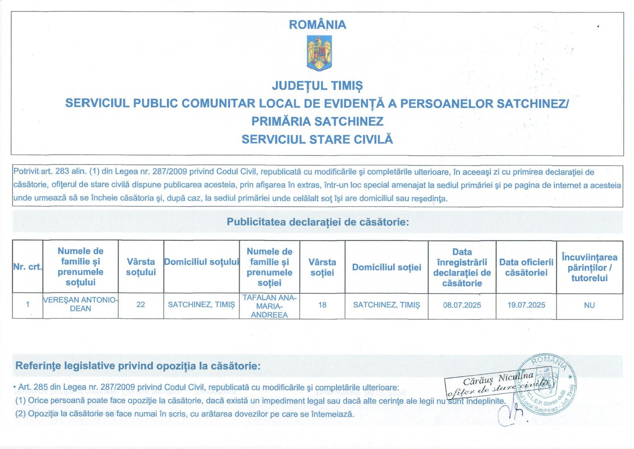 Publicație de căsătorie Vereșan Antonio-Dean cu Tafalan Ana-Maria ...