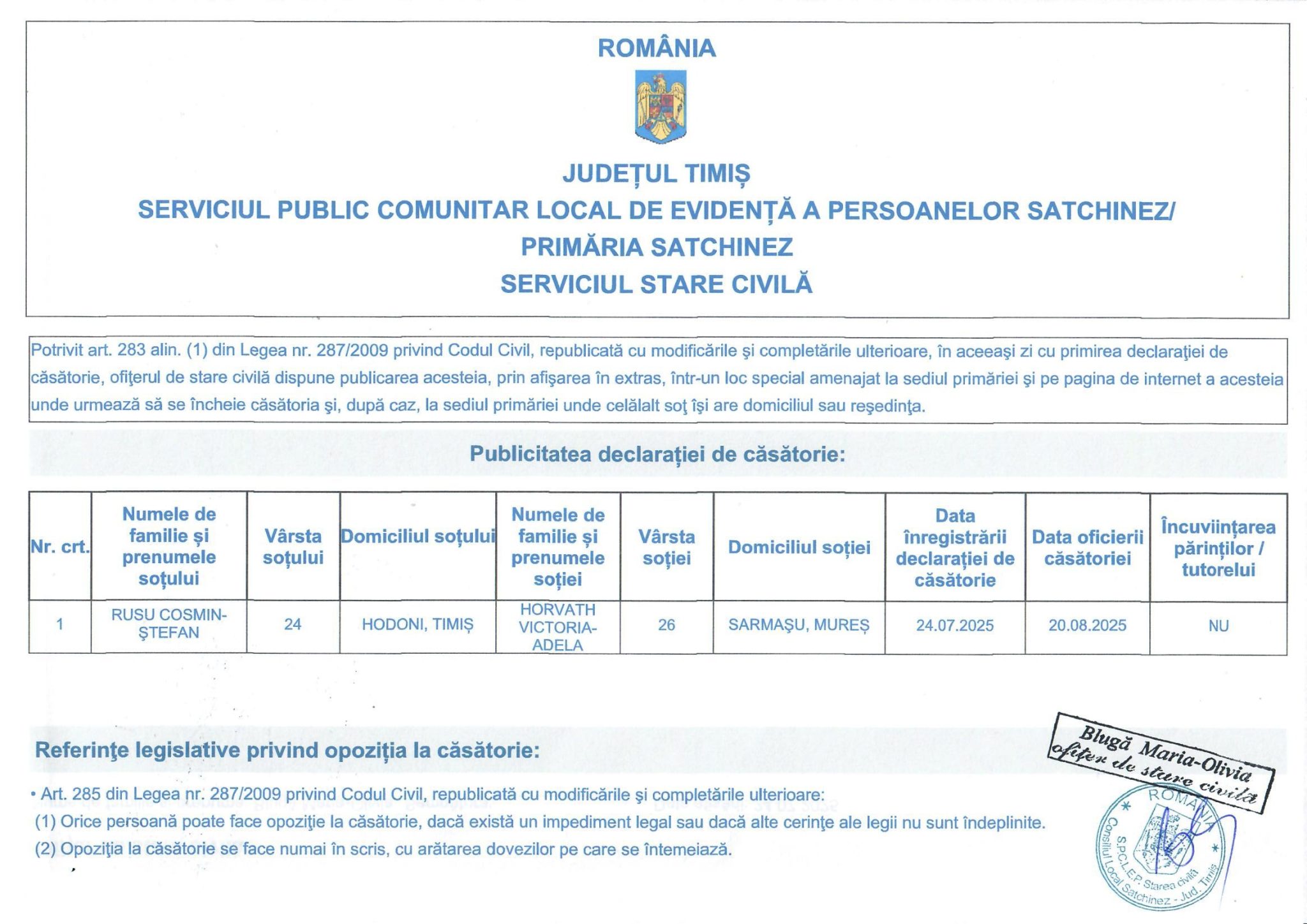 Publicație de căsătorie Rusu Cosmin-Ștefan cu Horvath Victoria-Adela – Satchinez