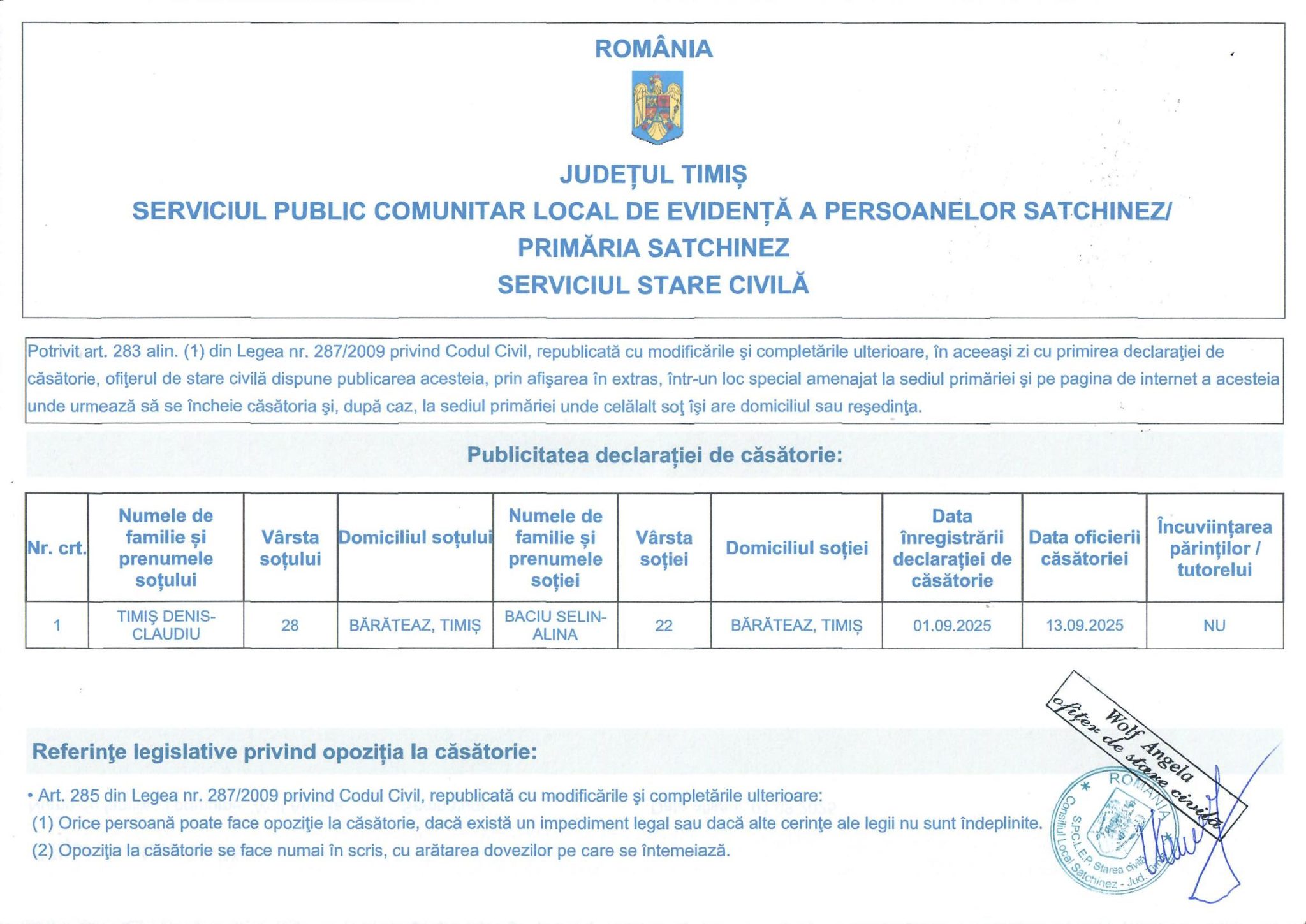 Publicație de căsătorie Timiș Denis-Claudiu cu Baciu Selin-Alina ...