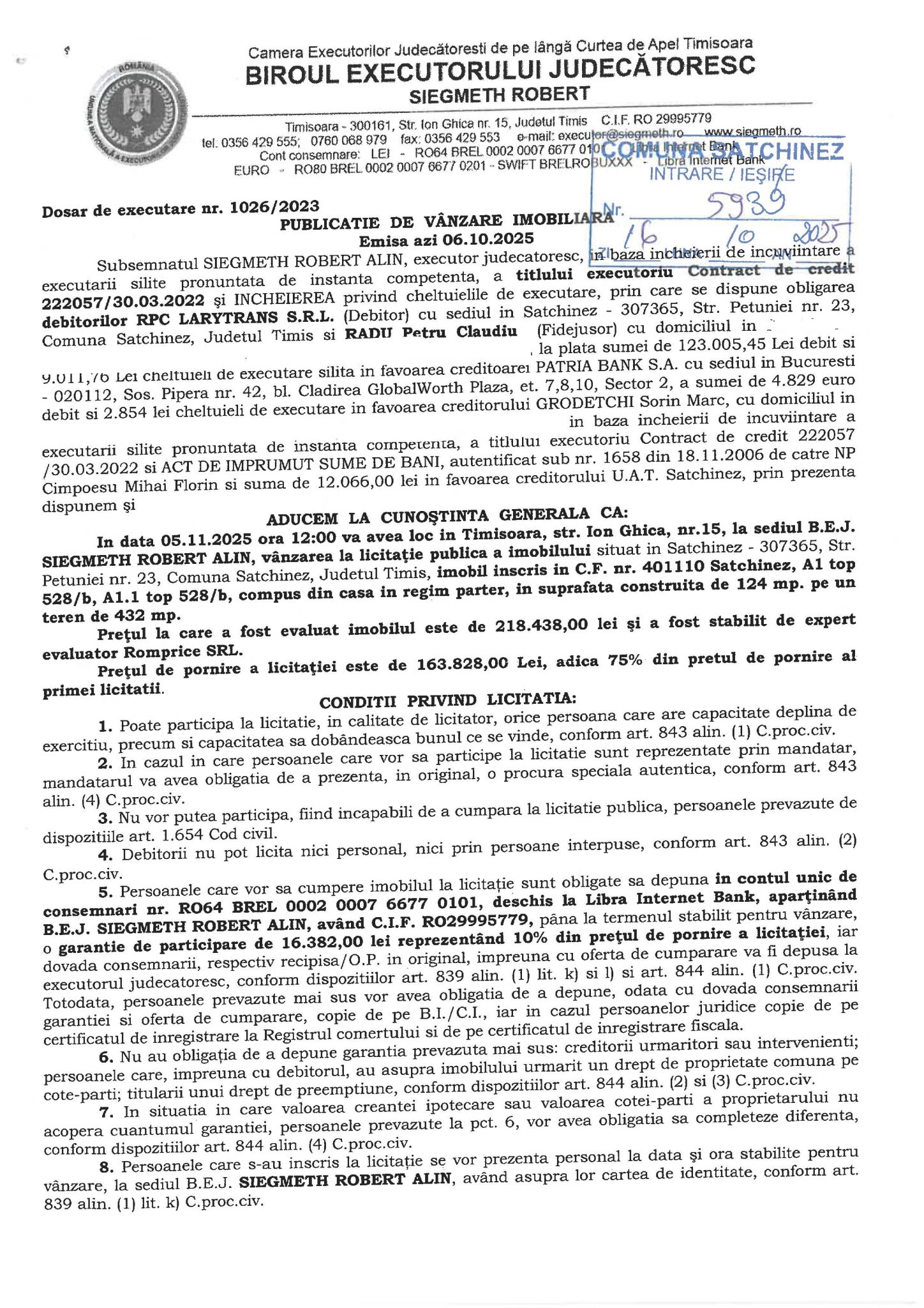 Publicație de vânzare imobiliară CF 401110 Satchinez – Satchinez