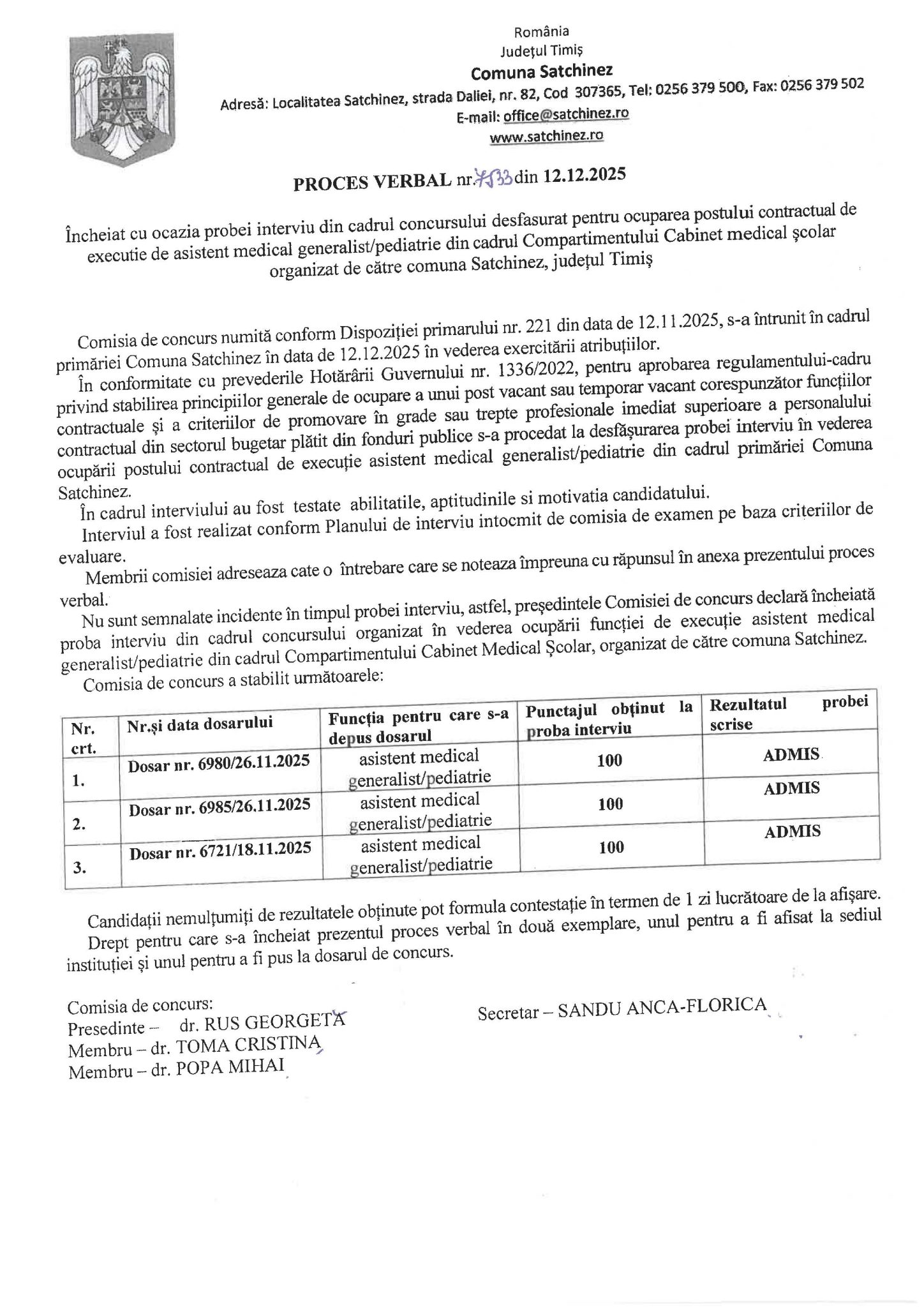Rezultat interviu concurs 12.12.2025 – asistent medical debutant ...