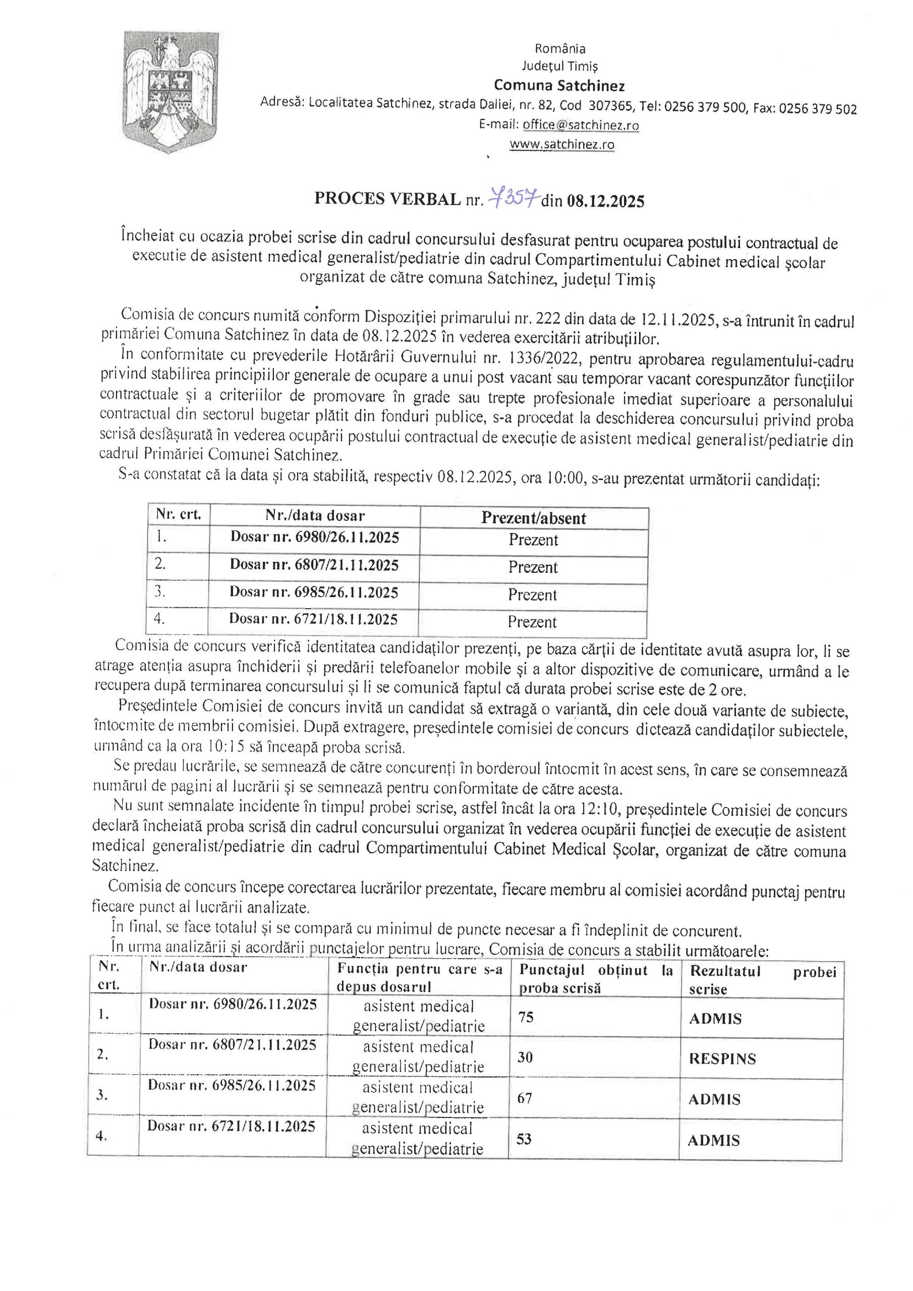 Rezultat probă scrisă concurs 08.12.2025 – asistent medical debutant ...