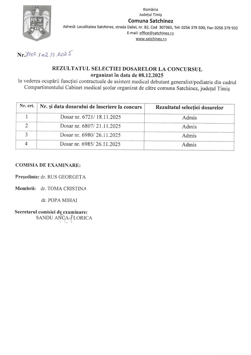 Rezultat selecție dosare concurs 08.12.2025 - asistent medical debutant ...